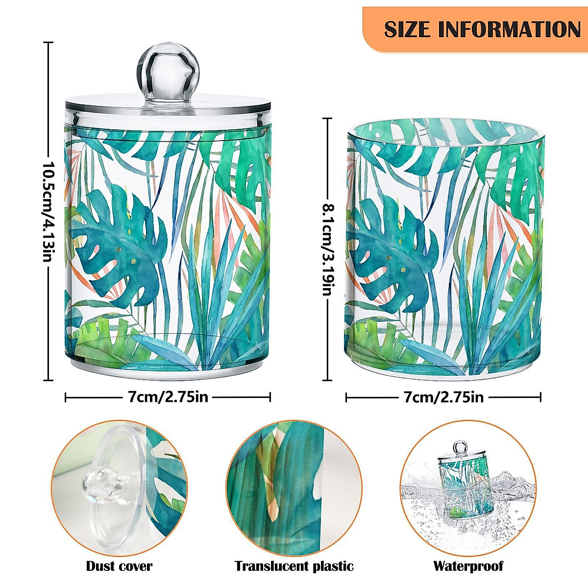 Palm Leaves 2 Pack Qtip Holder Organizer Dispenser Plastic Bathroom Jars Storage Containers with Lids Clear Jars for Home Bathroom Decor