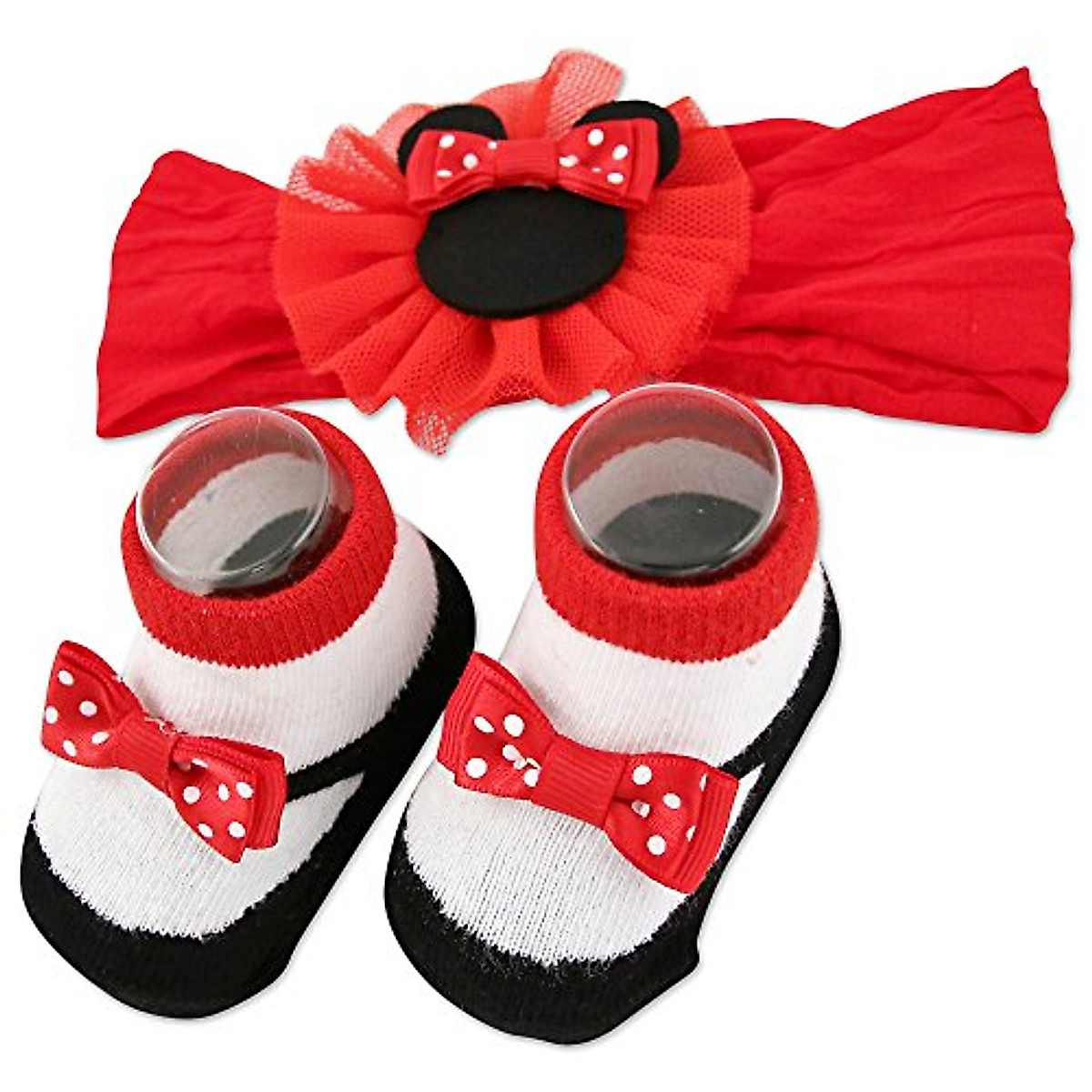 Disney Baby Girls’ Minnie Mouse Gift Set – 2 Piece Headband and Socks (Newborn: 0-12M), Size 0-12 Months, Minnie Headband and Socks Red
