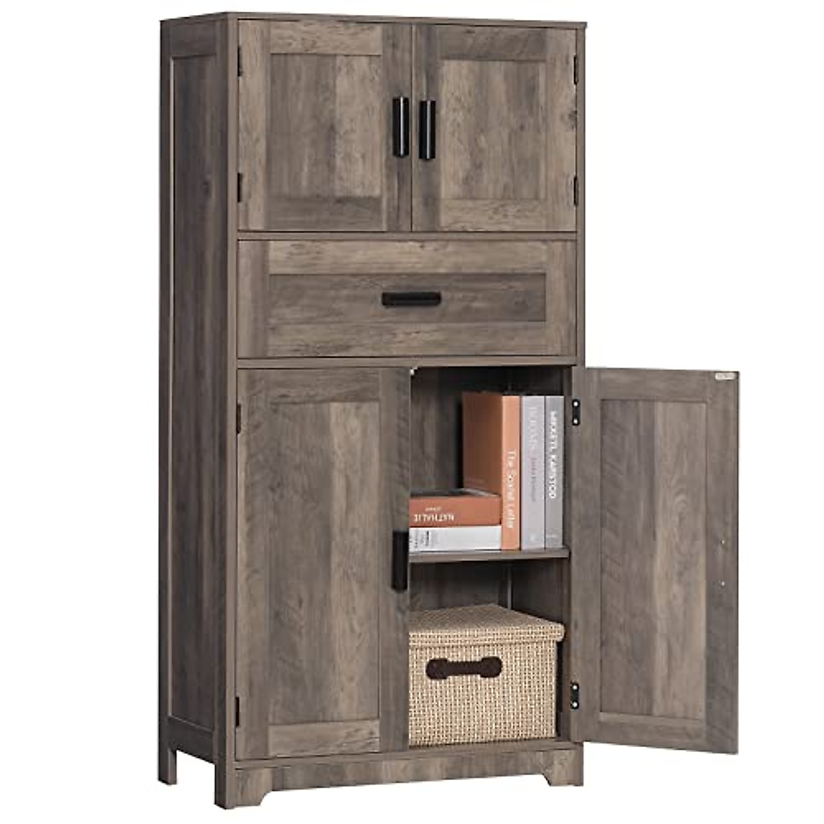 Quimoo Tall Bathroom Cabinet, Bathroom Storage Cabinet with Large Drawer & Adjustable Shelf, Bathroom Storage Cabinet with 4 Doors for Living Room, Bedroom, Home Office, Grey Wash