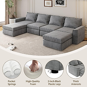 Ball & Cast 115" Chenille U-Shaped Sectional Sofa Set,Minimalist Style Chenille Modular Cloud Couch with Convertible Ottoman Chaise for Living Room,Free Combination,Gray