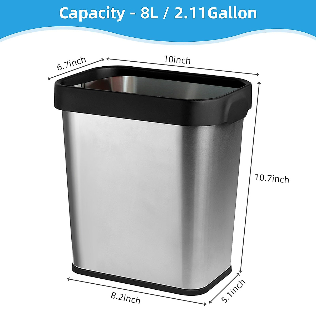 2 Pack Stainless Steel Trash Can 2 Gallon, Open Top Trash Can, 7" x 10" x 11", Rectangle Trash Can Kitchen - Slim and Narrow, Small Trash Can No Lid for Kitchen, Bathroom, Living Room, Office