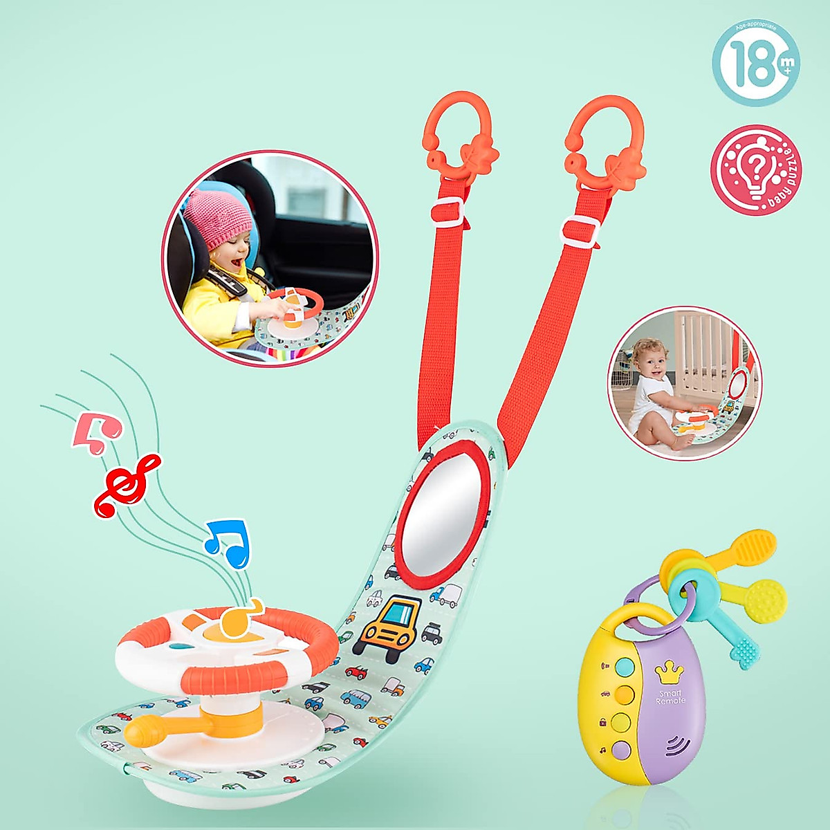 Chibon Baby Car Seat Toys for Infants with Mirror & Toy Keys for Toddlers and Babies, Carseat Toys Steering Wheel with Music Lights and Driving Sounds, Toddler Keys for Car Remote with Car Sounds