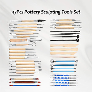 ISSEVE Pottery Clay Sculpting Tools 43Pcs Double Sided Ceramic Clay Carving Tool Set with Upgrade Stand-Up Design Carrying Case for Beginners Professionals School Student Pottery Modeling Smoothing