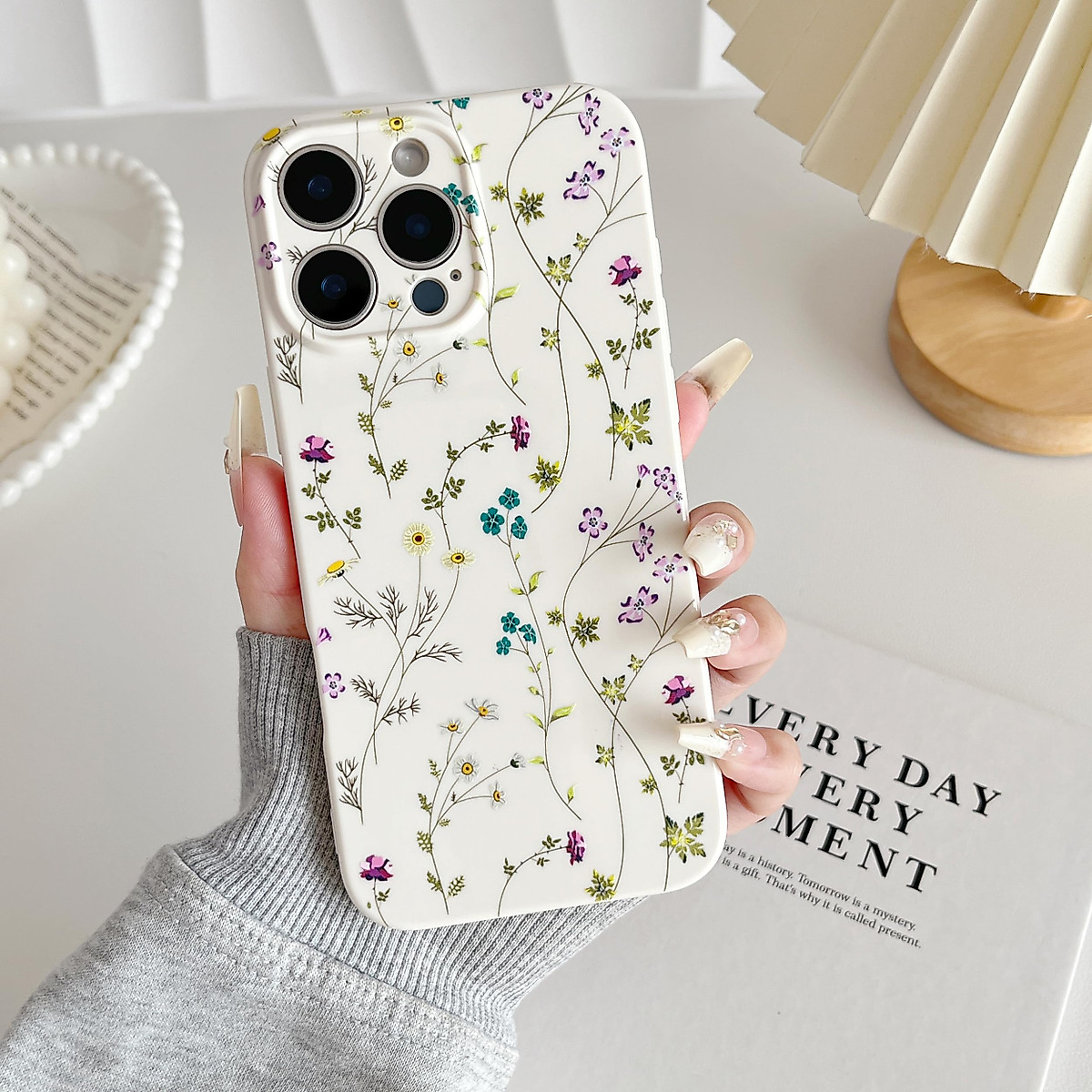 RALEAVO Floral Case for iPhone 14 Pro Max, Flower Branch Pattern Design Cute Cover Case for Girls Women Slim Thin Soft Silicone Shockproof Anti-Slip Phone Case for iPhone 14 Pro Max (6.7"),Beige