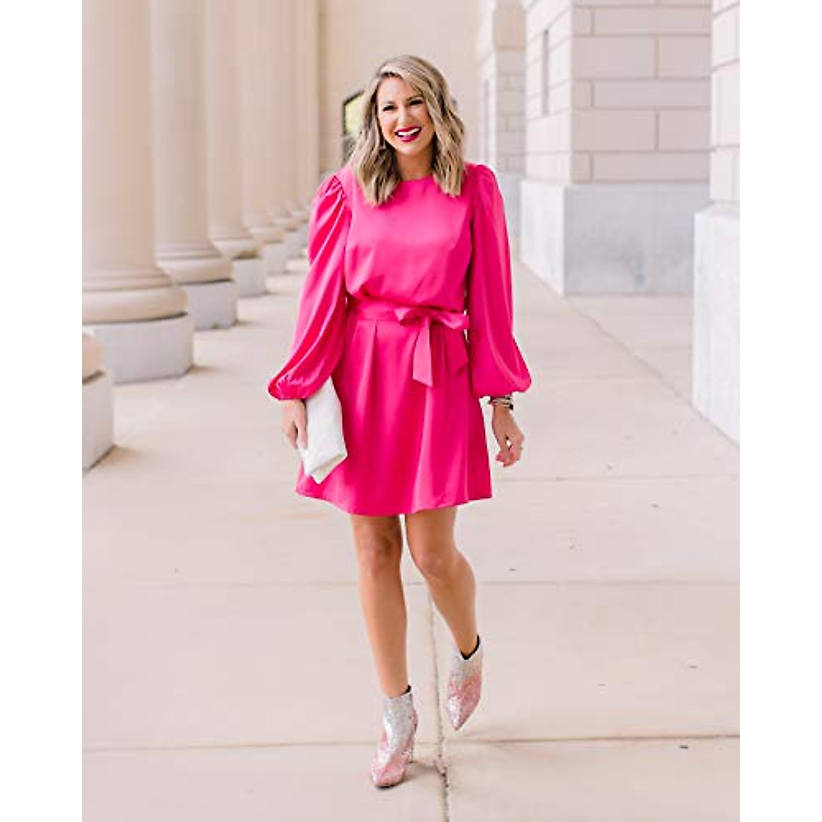 The Drop Women's @shopdandy Belted Silky Stretch Dress, Hot Pink, M