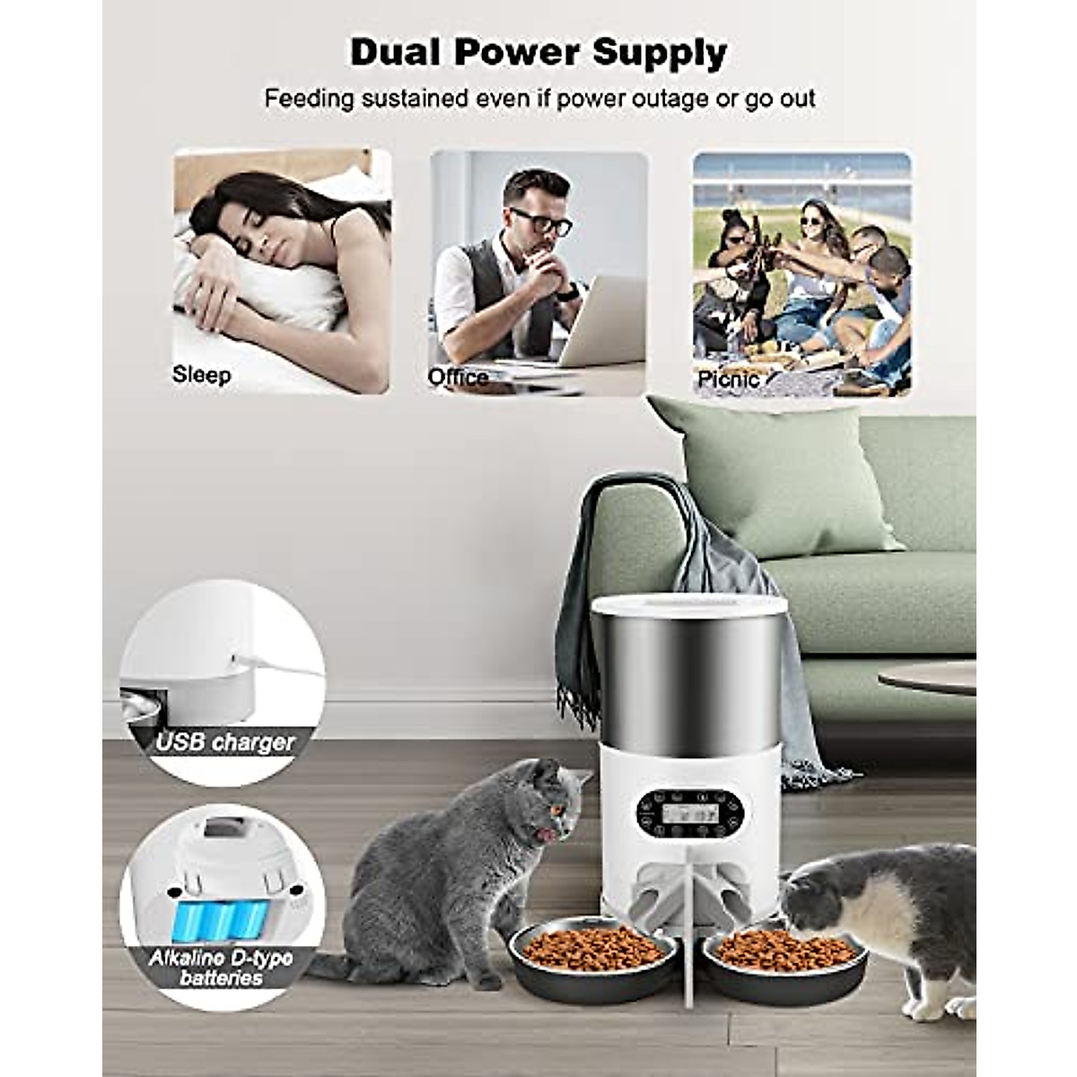 HUICOCY Automatic Cat Feeders, 304 Stainless Steel Timed Cat Food Dispenser for 2 Cats & Small Dog, 4.5L Pet Feeder with 2-Way Splitter, 1-4 Meals Portion Control,10s Voice Recorder, Dual Power Supply