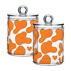 Sletend 2 Pack Plastic Qtips Holder Cow Print Orange Bathroom Organizer Canisters for Cotton Balls/Swabs/Pads/Floss,Plastic Apothecary Jars for Vanity