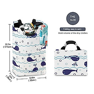 Seamless Ocean Waves Water Drop Circles Background with Blue Whales Laundry Hamper Basket Bucket, Foldable Dirty Clothes Bag, Waterproof Fabric Washing Bin, Toy Storage with Handles for Bathroom