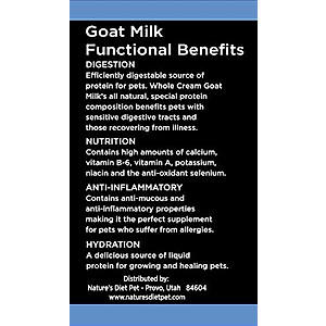 Nature's Diet Pet Dried Whole Cream Goat Milk for use as High Protein, Hypoallergenic Digestion, Nutrition and Anti-inflammatory Powdered Instant Meal Topper (16 oz = 53 Cups or 159 Servings)