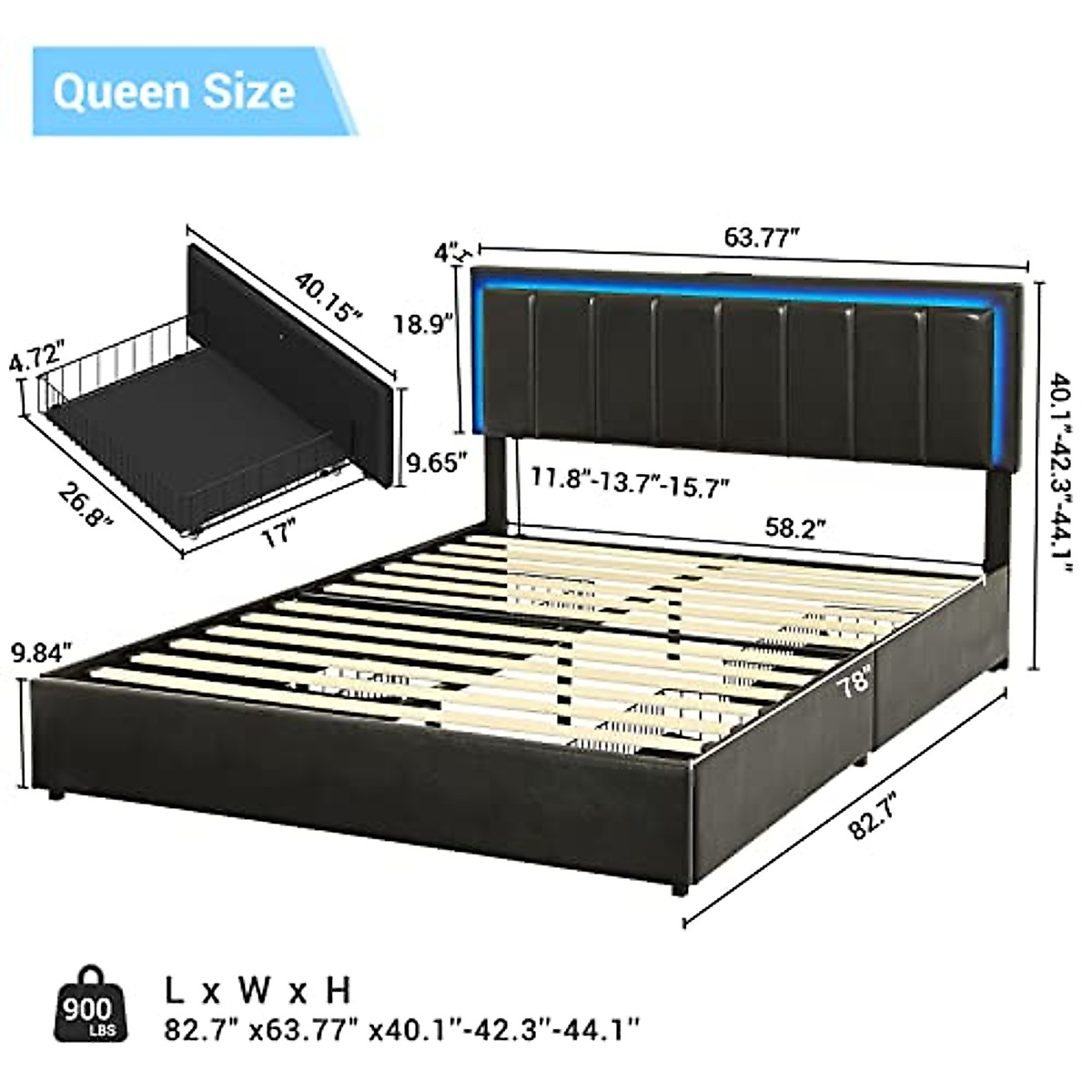 DICTAC Queen LED Bed Frame with 4 Storage Drawers and USB Ports Modern Platform Bed Frame with Storage and LED Headboard Faux Leather Upholstered Storage Bed,Easy Assemble,No Box Spring Needed,Black
