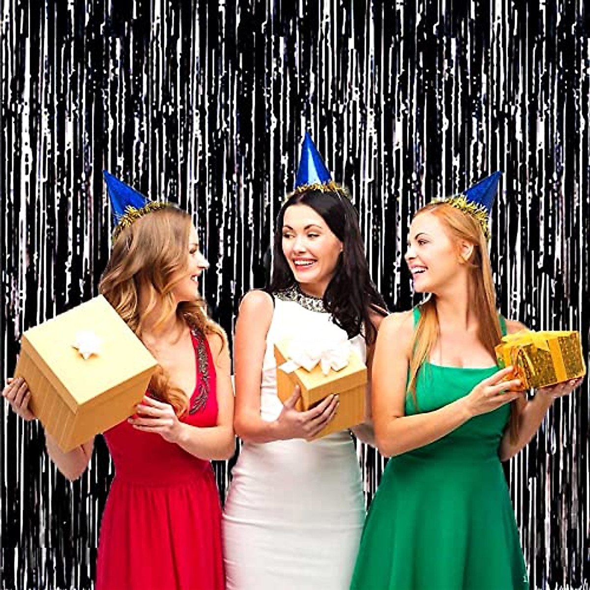 HalloweenDecorate 4 Pack Black Foil Fringe Curtain Backdrop, 3.28Ft x 8.2Ft Metallic Tinsel Streamer Curtains for Party, Photo Booth Props, Birthday, 2022 Graduation Decoration Party Supplies