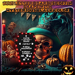 PerKoop LED Coffin Letter Board Gothic Letter Board Lights Up Halloween Felt Letter Board Sign with Spooky Letter Stand Gothic Decor Halloween Movie Night Decoration(Black)