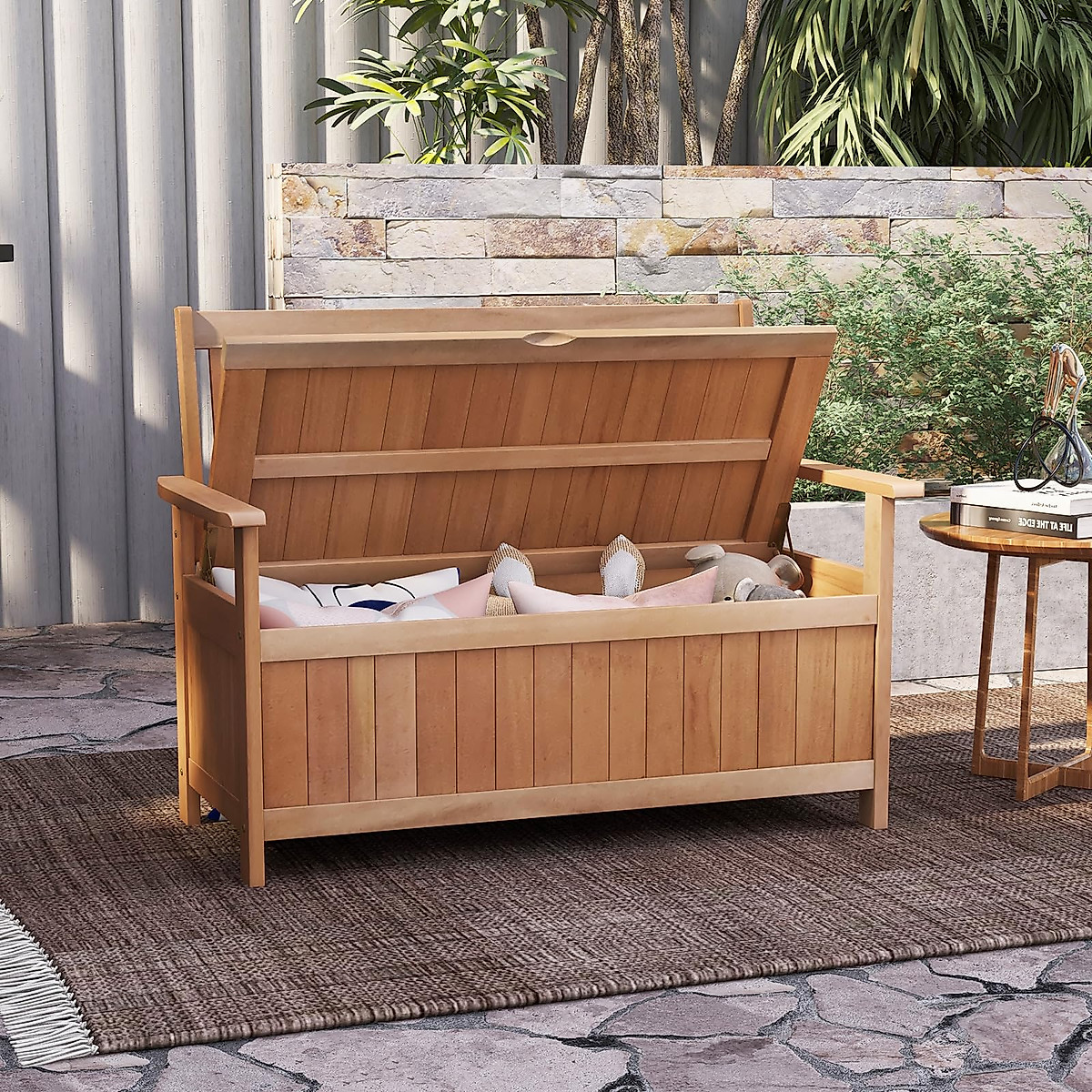 Tangkula 48 Inch Patio Storage Bench, Wood Storage Loveseat with 34.2 Gal Inner Space, Entryway Large Deck Box w/Slatted Backrest, Wooden Storage Seat for Backyard, Garden