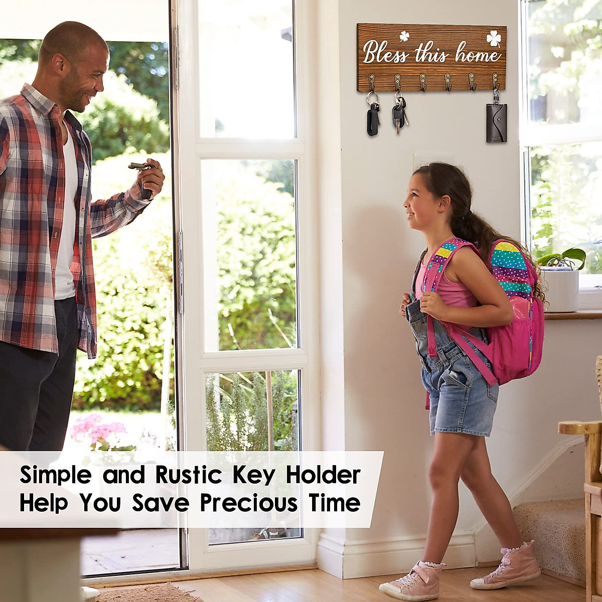 AHYS Key Holder Wall Mount Rustic Bless This Home Wall Decor Key Holder for Wall Key Hanger Key Rack with 6 Key Hooks Wall Key Holder for Entryway Living Room Bedroom - Brown