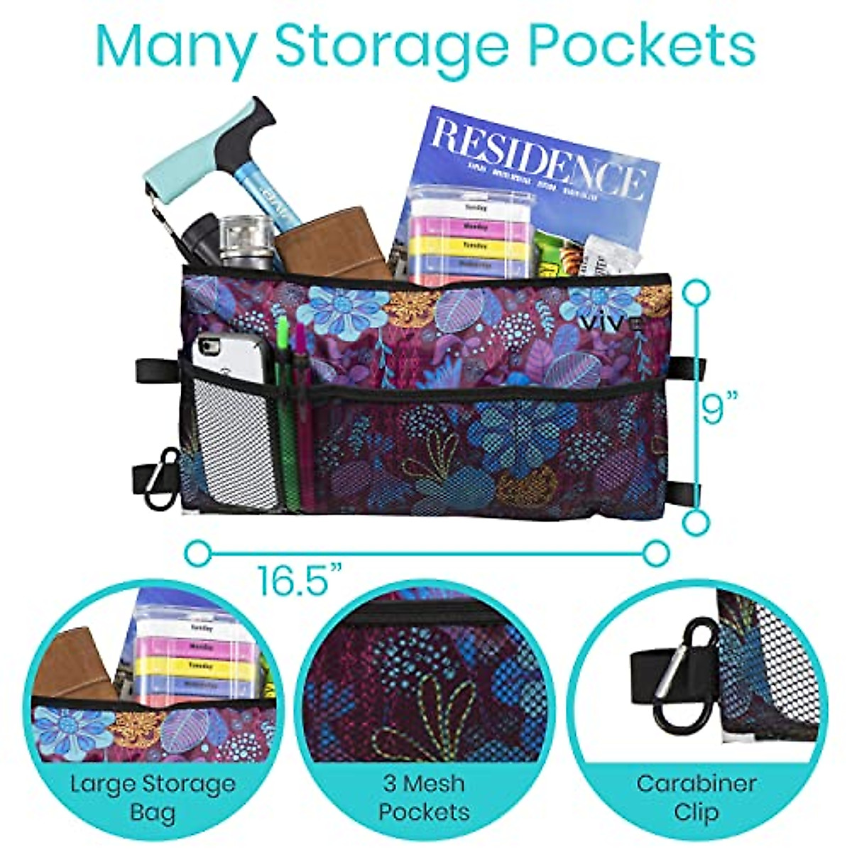 Vive Walker Bag - Accessories Wheelchair Basket Pouch (Water Resistant) - Seniors Caddy Accessory Attachment for Folding, Rolling Walkers - Carry Storage Carrier Tote - Lightweight, Universal Size