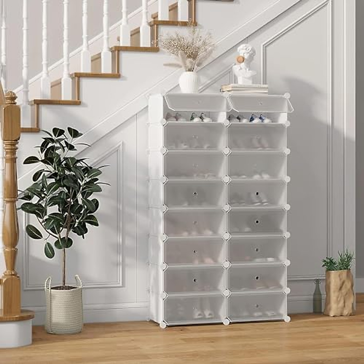 UNZIPE Shoe Rack Cabinet, 8-Tier Shoe Storage Organizer with Doors for Entryway, 16 Pair Plastic Shoe Shelves with Covered DIY Freestanding Shoe Tower for Closet Bedroom Hallway Mudroom Garage, White
