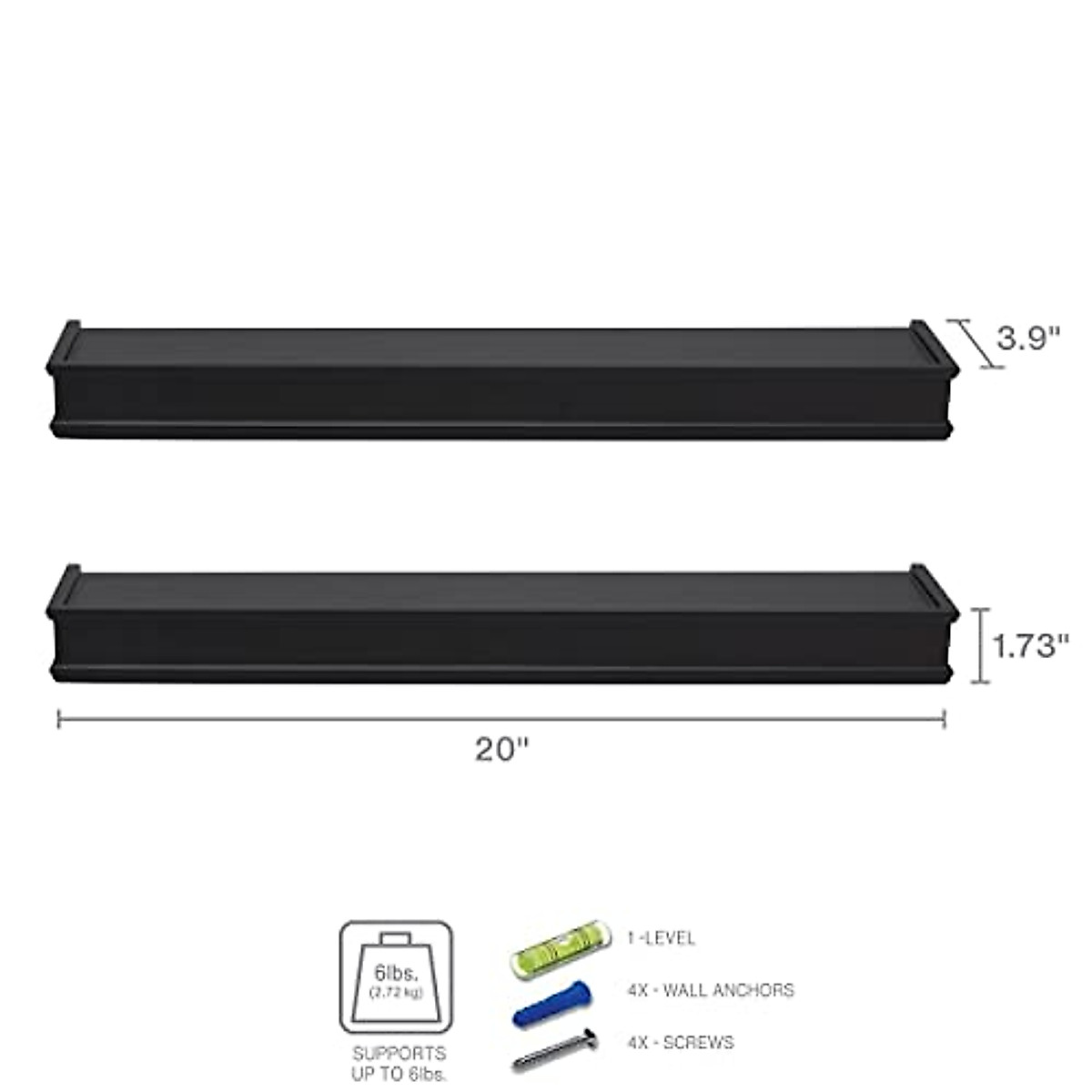 MELANNCO Modern Traditional Floating Wall Shelves for Bedroom, Living Room, Nursery, Office, Set of 2, 20 Inch, Black Finish