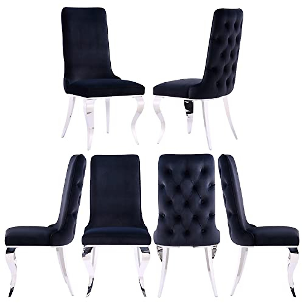 AZhome Dining Chairs, Black Velvet Upholstered Dining Room Chairs in Buttons Tufted Backrest, High Back Heavy Duty Dining Chair with Silver Mirrored Stainless Steel Legs, Set of 6
