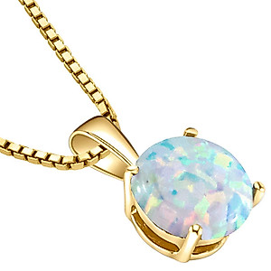 PEORA 14K Yellow Gold Created White Fire Opal Pendant for Women, Classic Solitaire, 1 Carat Round Shape AAA Grade