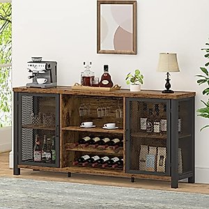 Launica Industrial Coffee Bar Cabinet, Wine Bar Cabinet for Liquor and Glasses, Liquor Cabinet with wine Rack Storage, Wood Metal Sideboard Buffet Cabinet for Home Kitchen Dining, Rustic Brown 55 Inch