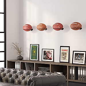Wallniture SPORTA Wall Mount Football Ball Holder, Organization and Storage Rack, Ball Rack for Garage Organization, Football Office Decor Metal Black Set of 4