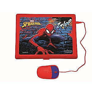 LEXiBOOK JC598SPi4 Marvel Spiderman-Educational and Bilingual Laptop Portuguese/English-Girls Toy with 124 Activities to Learn, Play Games and Music with Elsa & Anna-Blue/Red