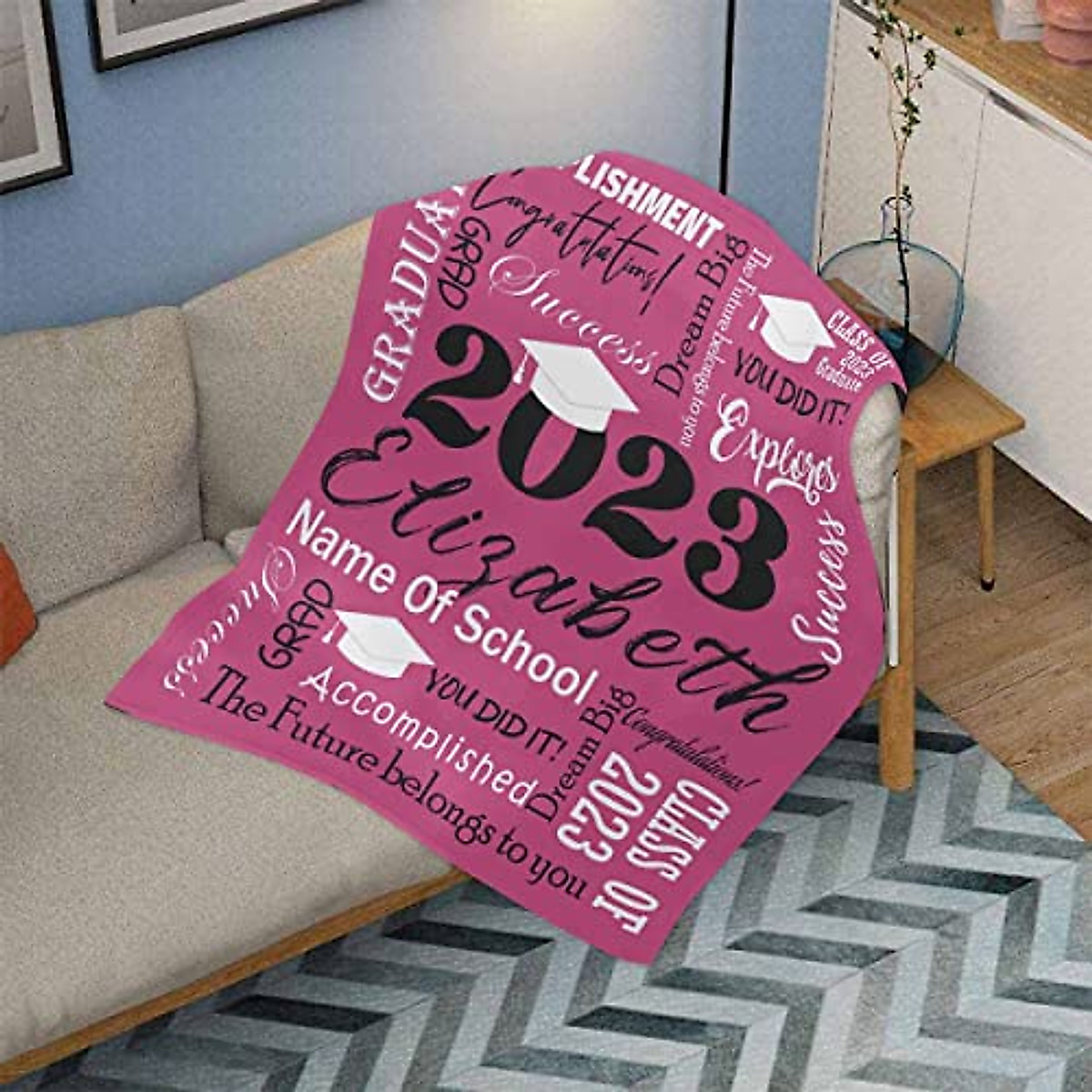 MyPupSocks Custom Graduation Blanket Class of 2023, Congratulations Grad Blanket Personalized Fleece Throw Dark Pink Blanket 2023 for Sister Daughter Granddaughter Bedroom Sofa Birthday Gifts 40x50