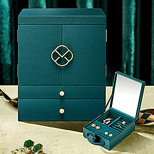 Vlando Jewelry Box Organizer Faux Leather Mirror Jewelry Storage for Women Large Jewelry Eaarring Necklace Watch Rings Boxes Case Christmas New Year Thanksgiving Gift Green