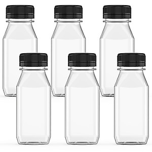 Hulless 6 Pcs 4 Ounce Plastic Juice Bottle Drink Containers Juicing Bottles with Black Lids, Suitable for Juice, Smoothies, Milk and Homemade Beverages, 120 mL