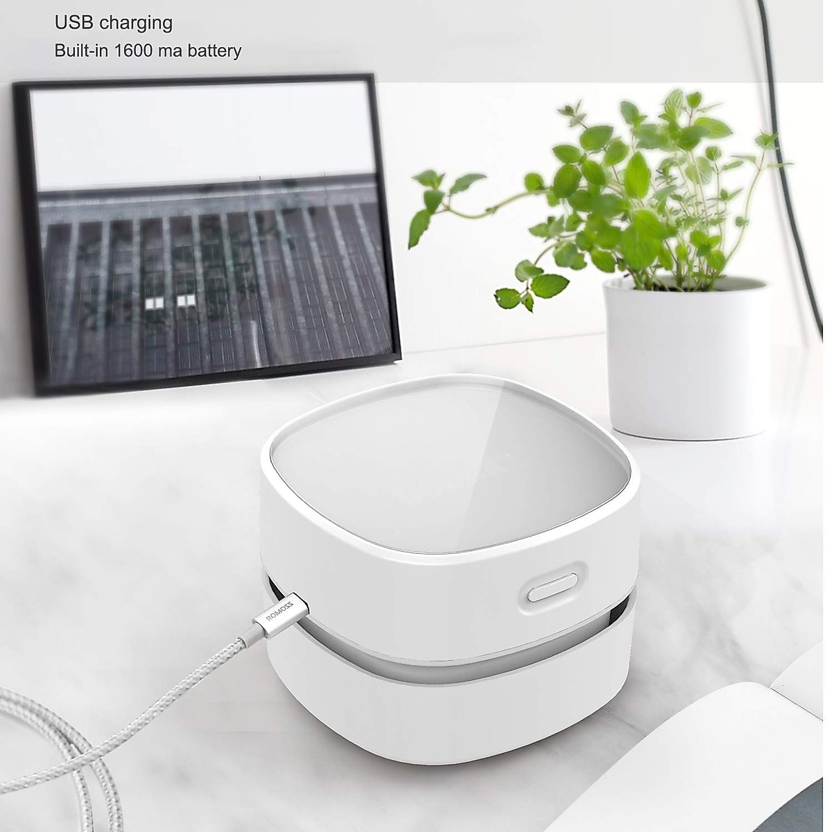 ODISTAR Desktop Vacuum Cleaner,Mini Table dust Sweeper Energy Saving with auto Power-Off Function,High Endurance up to 400 mins,Cordless&360º Rotatable for Keyboard/Home/Office (White Charging)