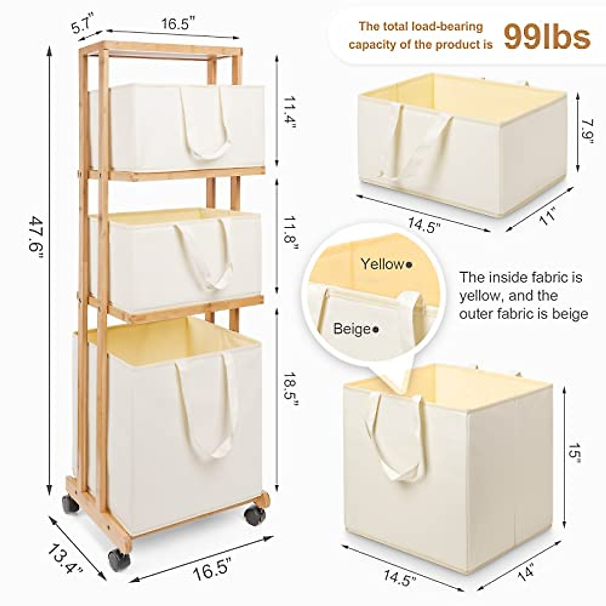 Homde Laundry Basket 3 Tier Bamboo Storage Shelf with Wheels Removable Storage Basket with Handle Freestanding Clothes Hamper Organizer for Bathroom Living Room Bedroom