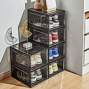 BYFU Shoe Box Drop Front Set of 6, Plastic Stackable Shoe Storage Boxes with Lids, Sneaker Display Case Shoe Organizer Bins for Closet, Easy Assembly (Dark Grey)