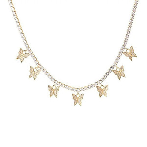 SUNXN Butterfly Necklace Tennis Chain Butterfly Choker CZ Bling Butterfly Silver Gold Pendant Necklace Gift for Women Jewelry (3mm-gold)