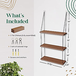 OMYSA Hanging Shelves - 3 Tier Wall Shelf - Cute Boho Room Decor for Bedroom, Bathroom, Living Room - Floating Wood Small Bookshelves - Window, Macrame - Brown