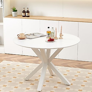 Modern Round Dining Table for 4, White Kitchen Tables MDF Top with X-Shaped Metal Legs, Small Space-Friendly Kitchen Table, Dining Room or Office, 42-Inch