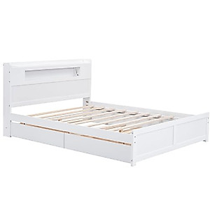 WOODRK Queen Size Storage Platform Bed Frame with Multifunctional Headboard with LED and Storage Shelves, Modern Wooden Beds with 2 Drawers and 1 Twin Size Trundle, for Bedroom, Easy Assembly, White