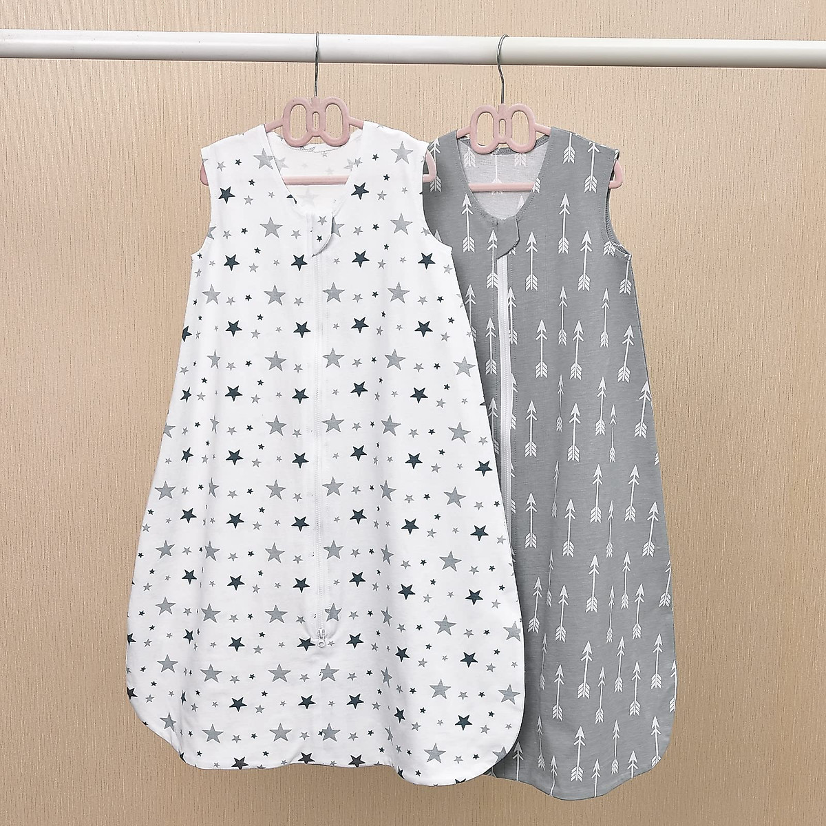 david's kids 100% Cotton Baby Sleep Sack 6-12 Months, Soft Baby Wearable Blankets with 2-Way Zipper, 2 Pack Comfy Sleeping Bags for Infant Newborn Boys Girls Neutral, Medium Size, Stars & Arrows