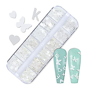 12 Grids White Nail Art Glitter Sequins 3D Holographic Heart,Star, Letter,Butterfly,Glitter Sequins Confetti Nail Decals Decorations for Women Girls Eye Face DIY Sequins for Crafts Supplies Set