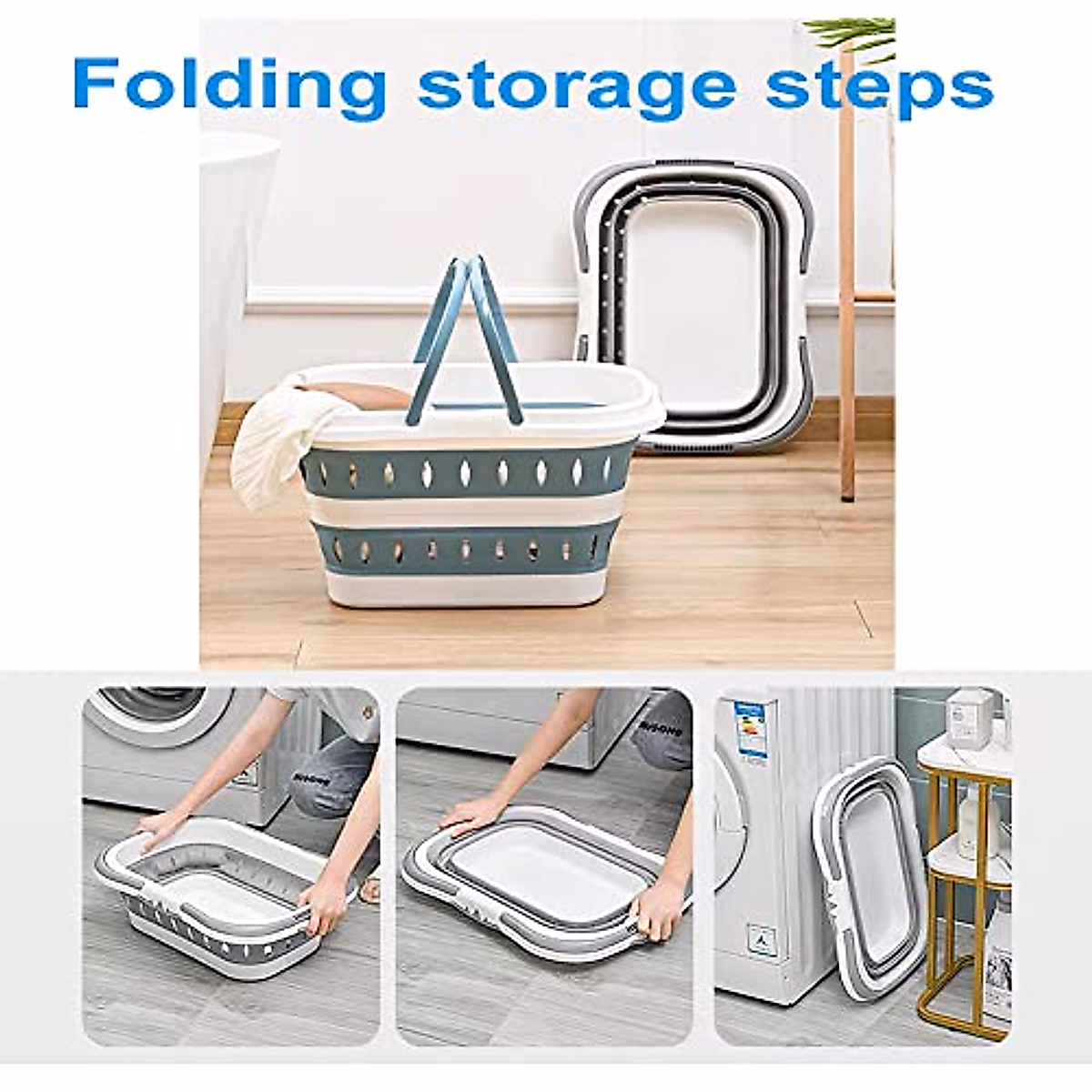 Collapsible Plastic Laundry Baskets with Handles, Smart Space Saving Deisgn Washing Bin Kitchen Storage, Large Folding Pop Up Laundry Hamper for Bedroom and Bathroom (Grey)