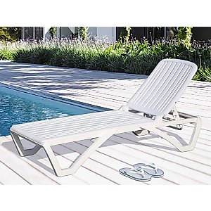 Domi Pool Lounge Chair, Patio Chaise Lounge with 5 Position Adjustable Backrest and Wheels, All Weather Plastic Outdoor Lounge Chairs for Deck Lawn Backyard, White