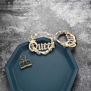 SAILIMUE Queen Pendant Curb Chain Necklace with Oversize Statement 90s Bamboo Hoop Earring Set for Women Gold Plated Color Punk Style Hip Hop Rapper