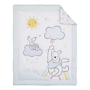 Disney Winnie The Pooh Hello Sunshine White and Aqua Piglet, Rainbow, Clouds, and Sun 3 Piece Nursery Mini Crib Bedding Set - Comforter and Two Fitted Mini Crib Sheets
