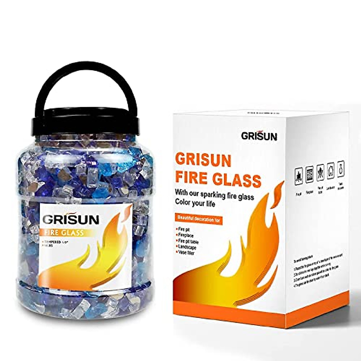 Grisun Fire Glass for Fire Pit, 1/2 Inch Mix 20 Pounds High Luster Reflective Tempered Glass Rocks for Natural or Propane Fireplace, Safe for Outdoors and Indoors Firepit Glass