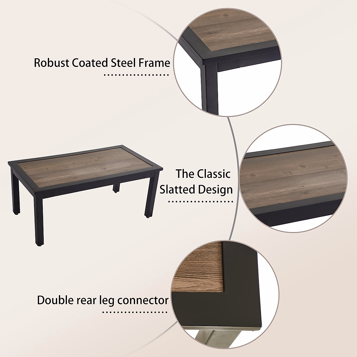 LOKATSE HOME Outdoor Rectangular Metal Coffee Table Patio Furniture with Wood Grain Top for Backyard, Deck, Lawn, Garden, Black