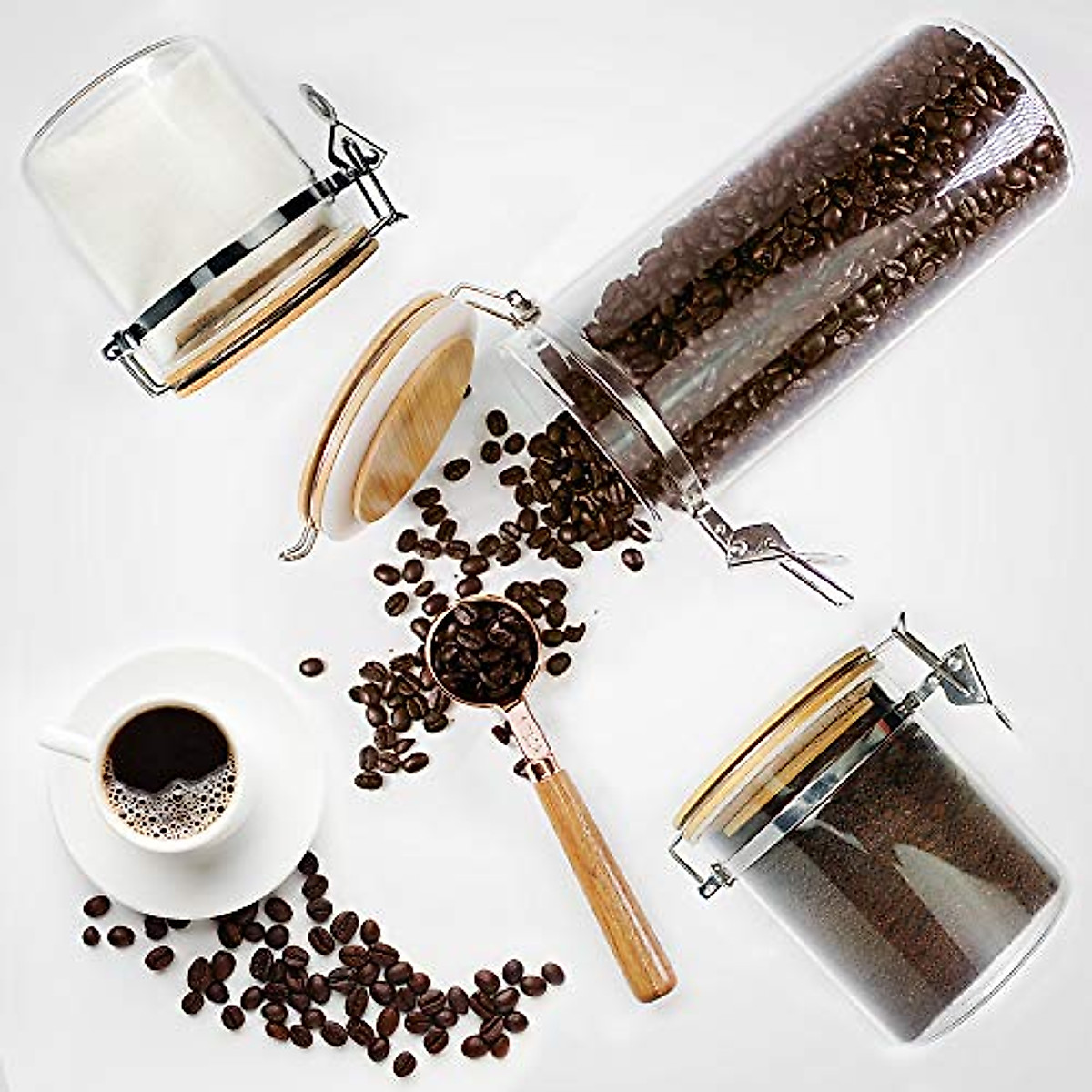 Glass Storage Jars with Airtight Locking Clamp Lids, Airtight Glass Canisters with Locking Lids, Glass Storage Containers with Bamboo Lid, Food Storage Containers, Glass Canister Sets, Set of 4