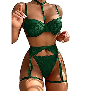 Lilosy Sexy Choker Floral Lace Scallop Sheer Underwire Push Up Garter Belt Lingerie Set for Women See Through Bra and Panty 3 Piece Army Green X-Small