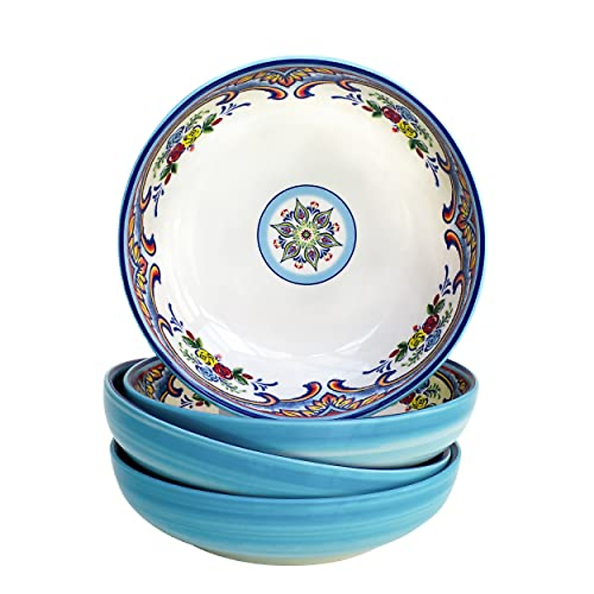 Euro Ceramica Zanzibar Collection Pasta Bowl Sets, Set of 4, Spanish Floral Design, Multicolor Blue