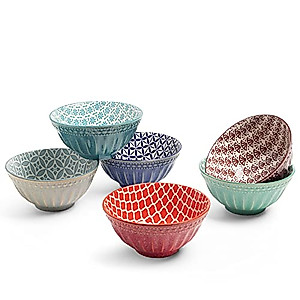 LEHAHA Embossed Cereal Bowl, Ceramic Soup Bowls Set, 23 OZ Snack Bowls for Kitchen, Vintage Decorative Bowl, for Salad Pasta Rice Oatmeal, Dishwasher & Microwave Safe, Set of 6