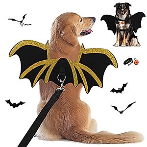 Halloween Dog Costume Pet Bat Wings Funny Cosplay Apparel Puppy Costumes for Medium Large Dogs Outfit, Adjustable Bat Wing with Dog Leash and Pumpkin Bells (Black, Under 80 pounds)