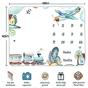 Airplane and Train Baby Monthly Milestone Blanket for Boy, Baby Blanket with Month Marker Frame, 48x40in, 1-12 Months Milestones, for Baby Showers and Newborn